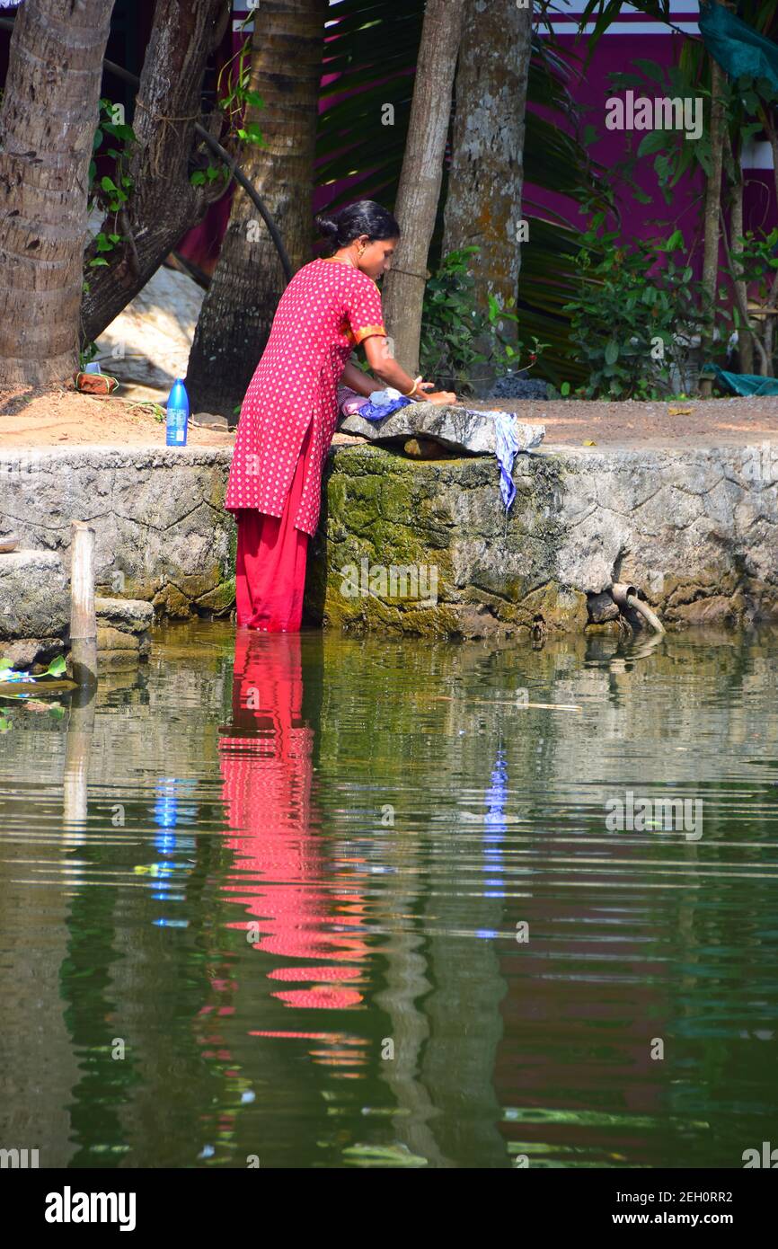 Washing Laundry, Kerala Backwaters, Kerala, India Stock Photo - Alamy