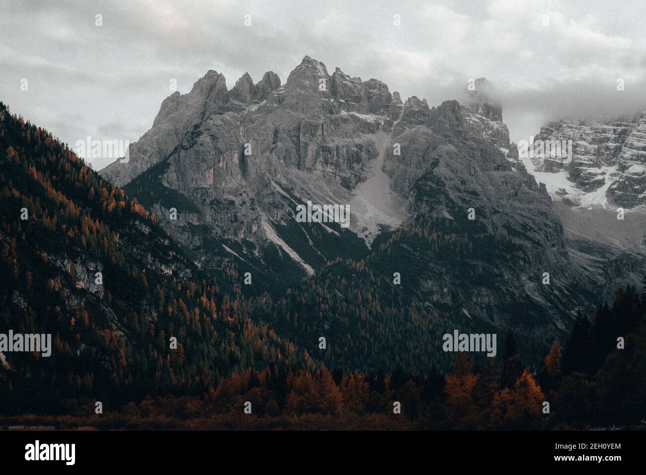Majestic view of rocky Dolomites Mountain Range in Italy with snow ...