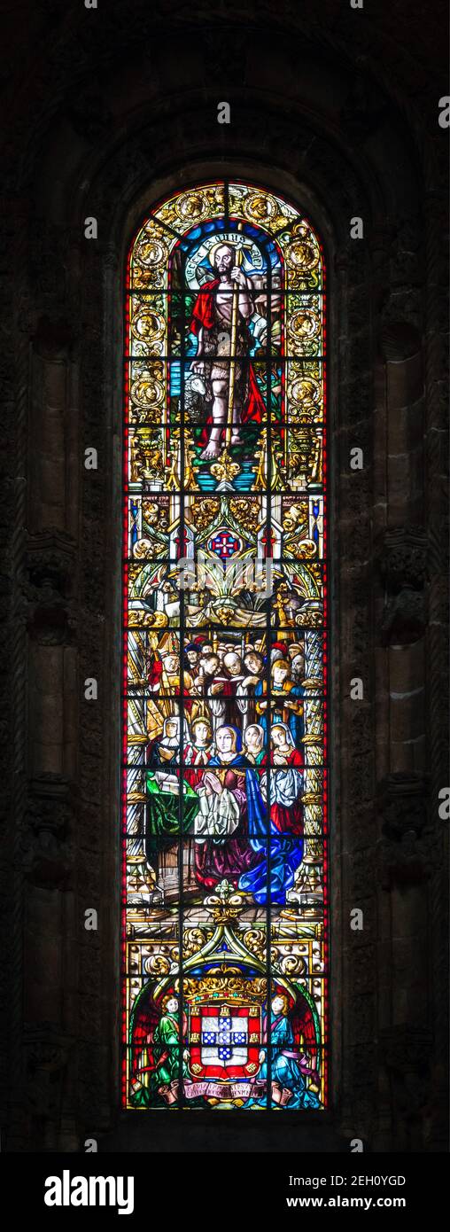 LISBON, PORTUGAL - APRIL 15, 2016: Stained glass window from Jeronimos ...