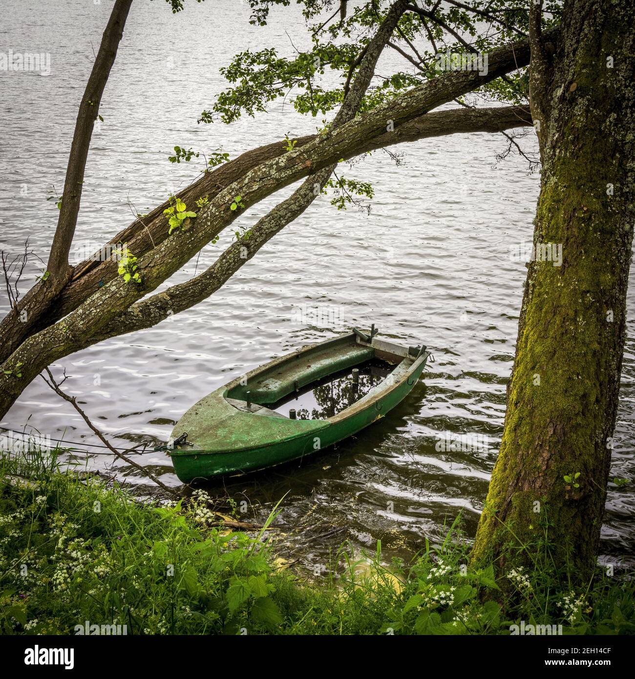 Abandoned small boat sinking with water inside on wavy reflective water ...