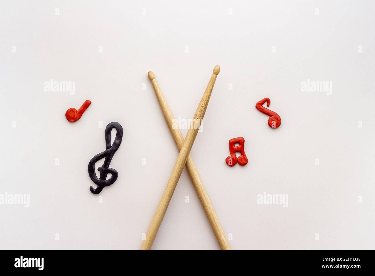 Drum sticks with music notes, overhead view. Music background Stock ...