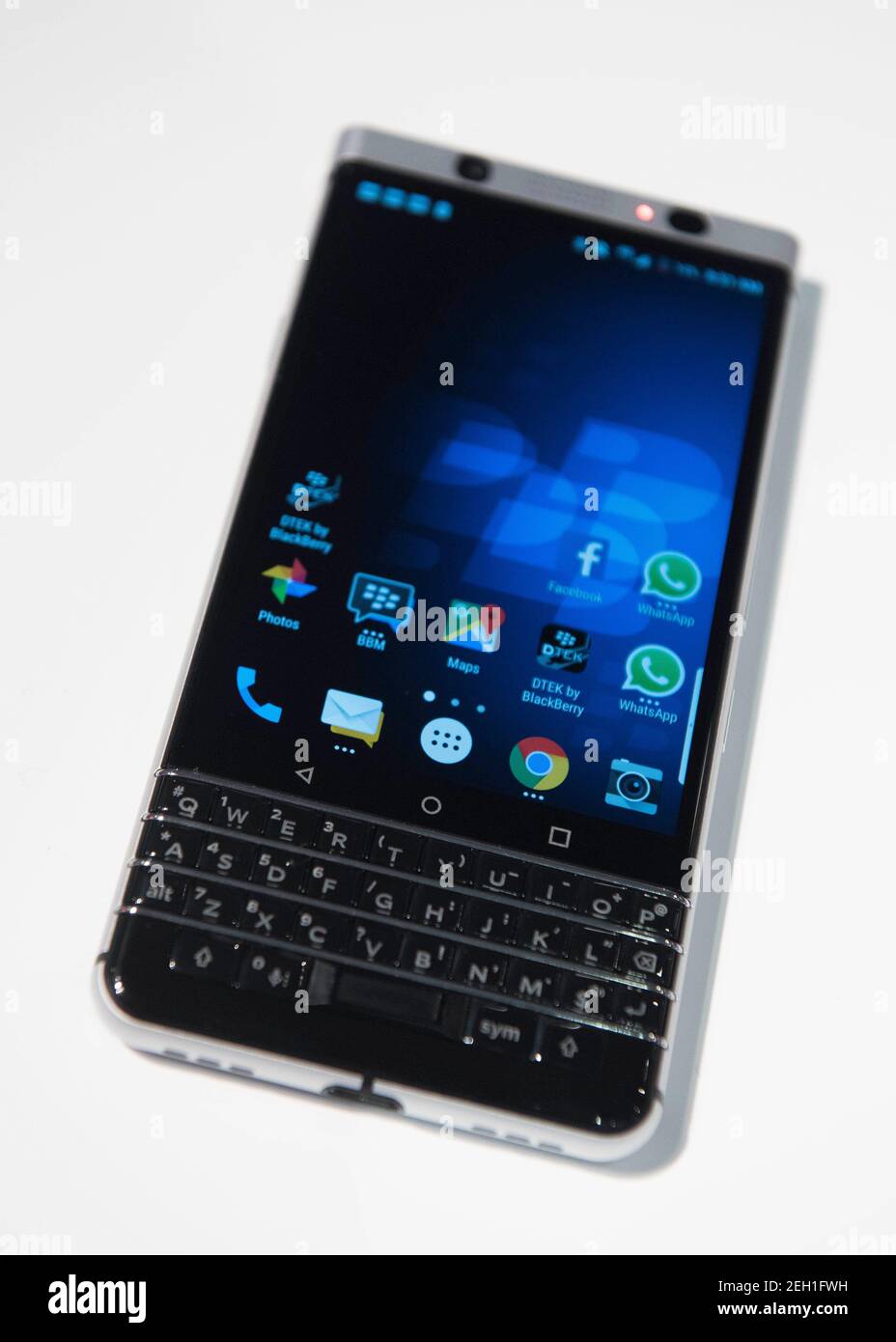 Blackberry's Key One on display at the GSMA Mobile World Congress 2017 ...