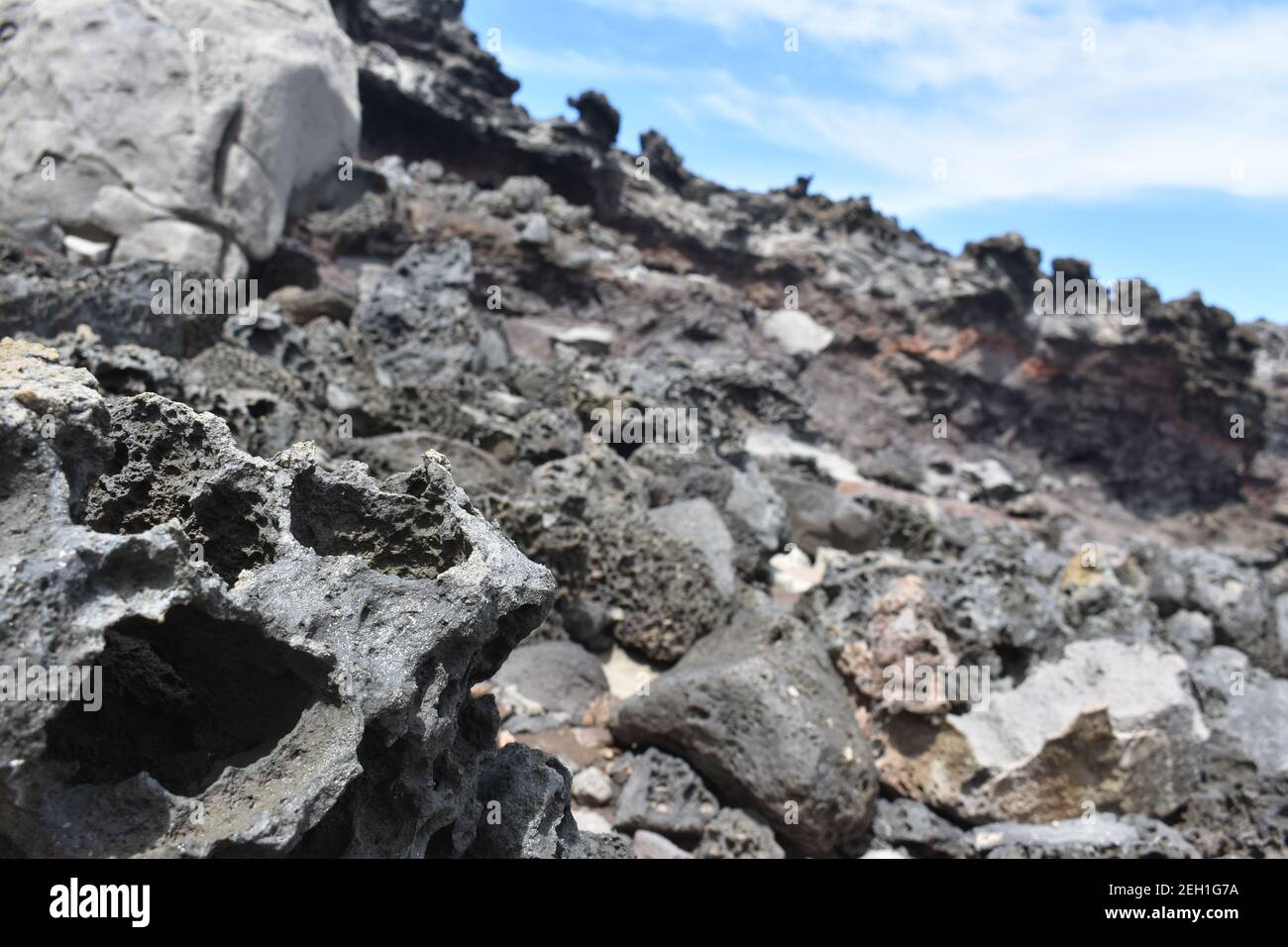 Close-up of black lava rock texture near the ocean on the Hawaiian ...