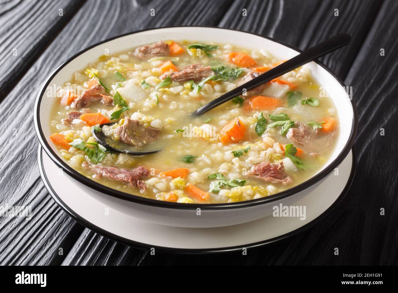 Scotch broth is a Scottish soup traditionally featuring barley, a meat ...