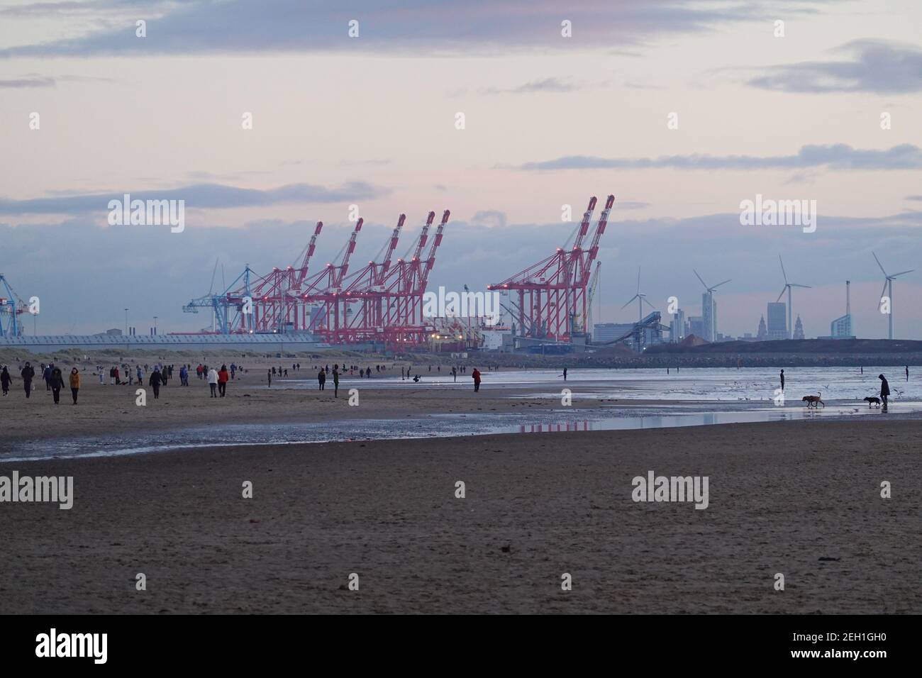 Liverpool container port from Crosby Beach Stock Photo - Alamy