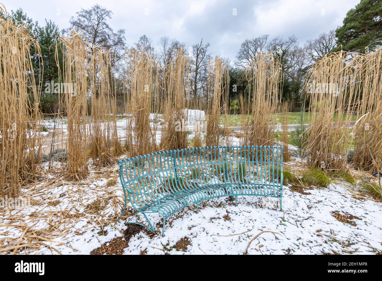 A green curved metallic bench in the Grass Gardens in Howard's Field at ...