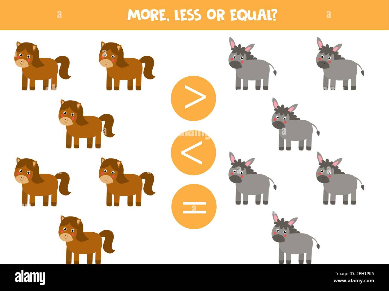 More, less, equal with cartoon horses and donkeys. Math game Stock ...