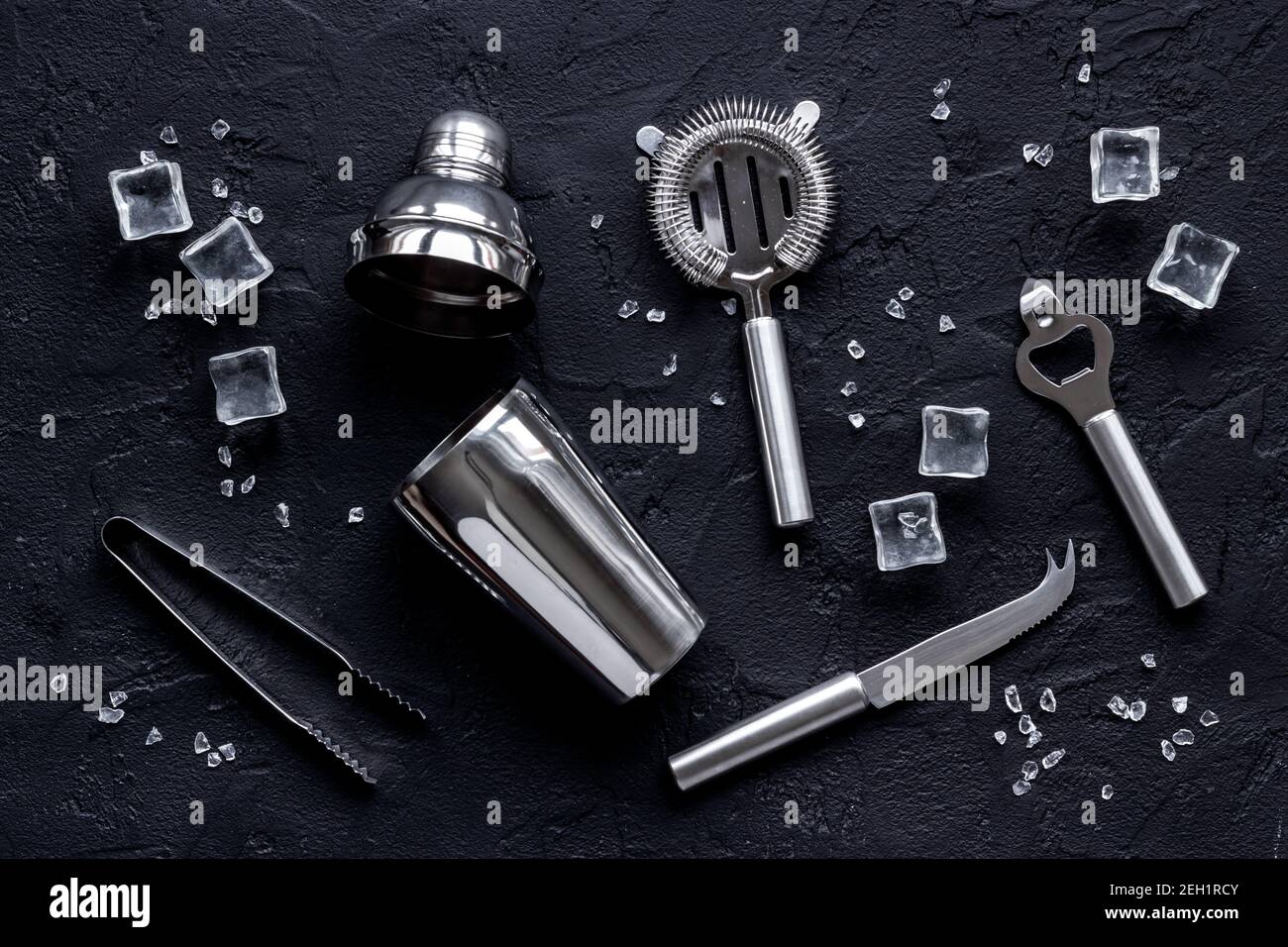 Set of bartender tools and accessories with a cocktail shaker Stock ...