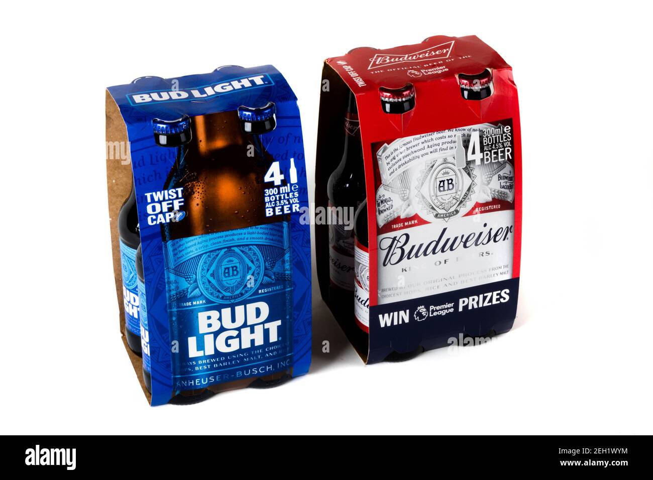 Sandhurst, United Kingdom; February 13th 2021:- Four bottles of Bud ...