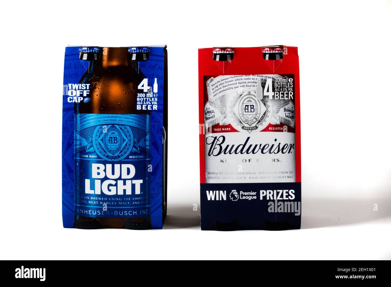 Sandhurst, United Kingdom; February 13th 2021:- Four bottles of Bud ...