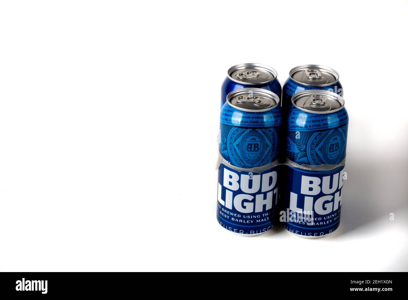 Sandhurst, United Kingdom; February 13th 2021:- Four cans of Bud light ...