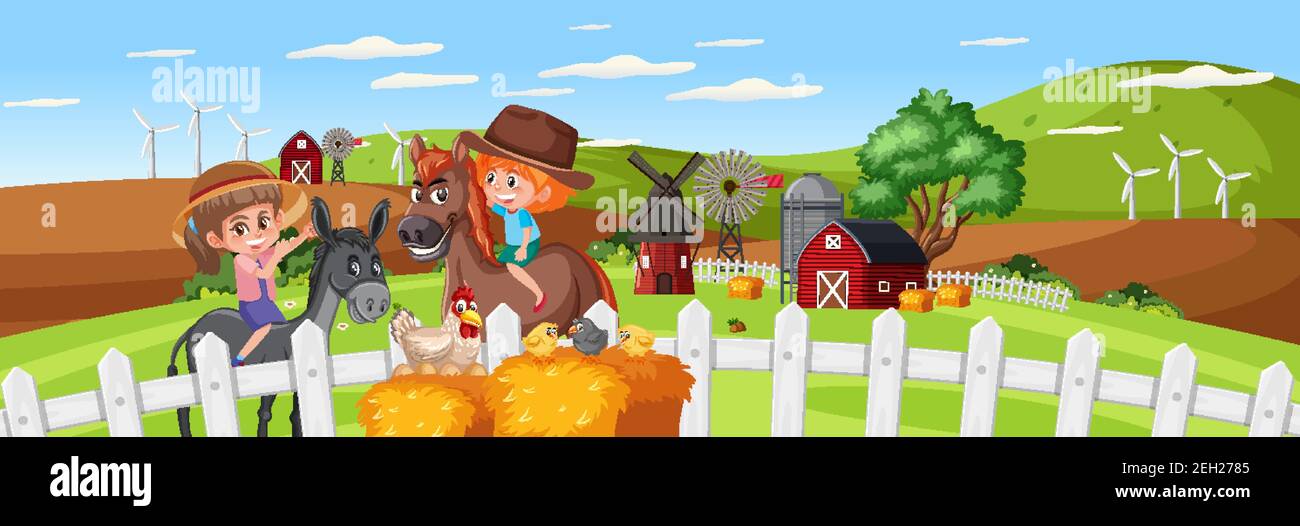 Children in nature farm horizontal landscape scene at day time ...