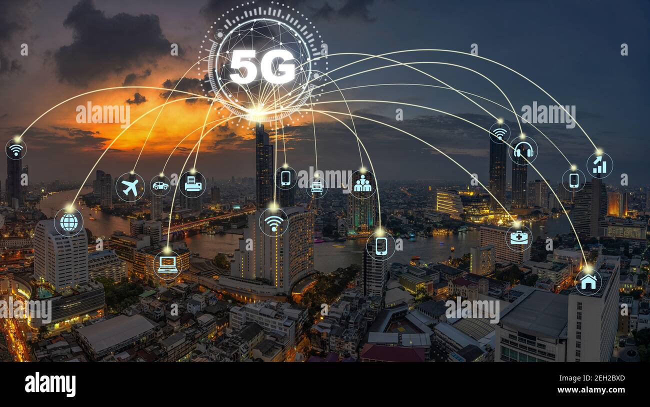 5G technology with Computer Network connection line between building ...