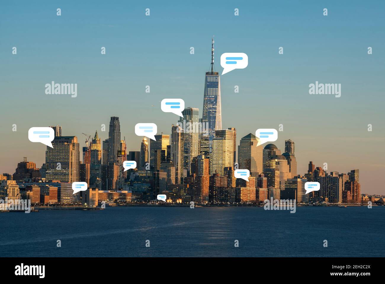 Various Bubble chat technology over New york cityscape river side which ...