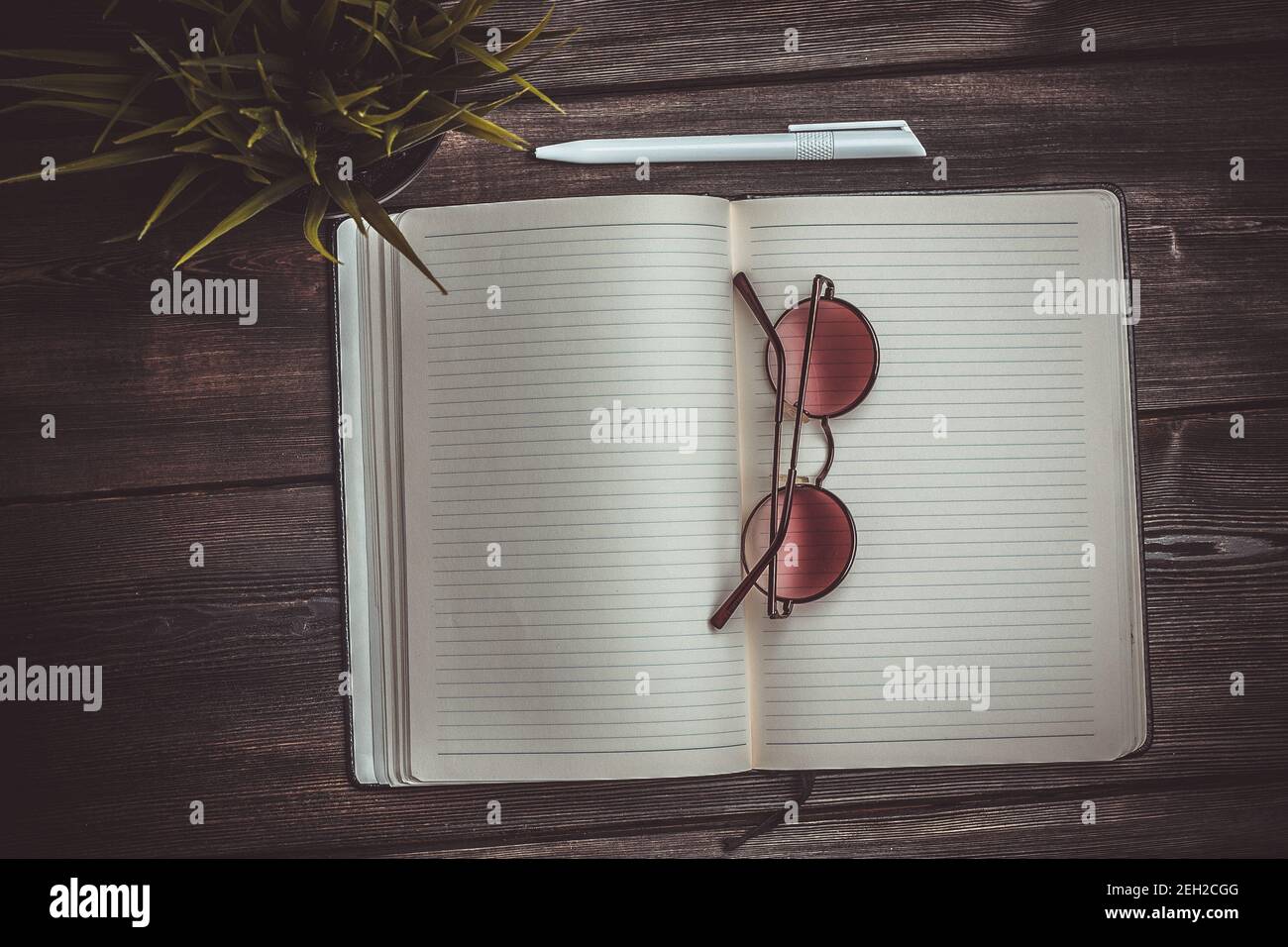 open notepad with pen and office glasses mobile phone flower in a pot ...