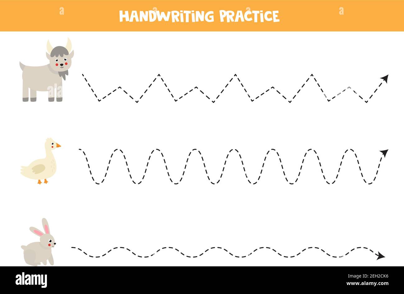 Tracing lines for kids with cute goat, rabbit and goose. Handwriting ...