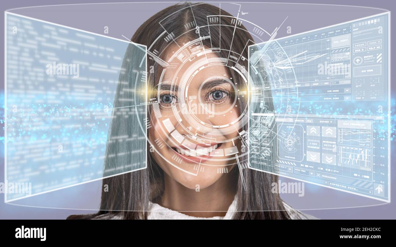 Asian women being futuristic vision over the Part of graphic particle ...