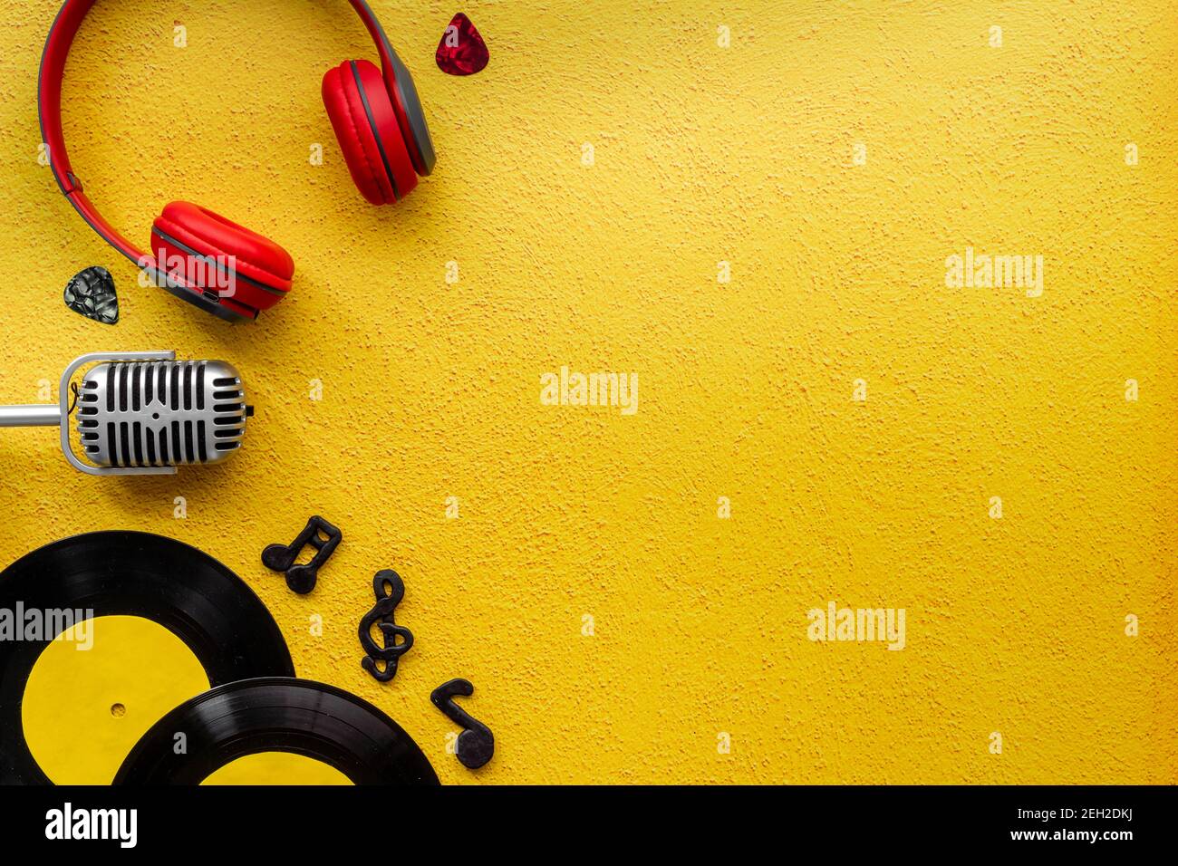 Music flat lay - instruments with vinyl records, overhead view Stock ...