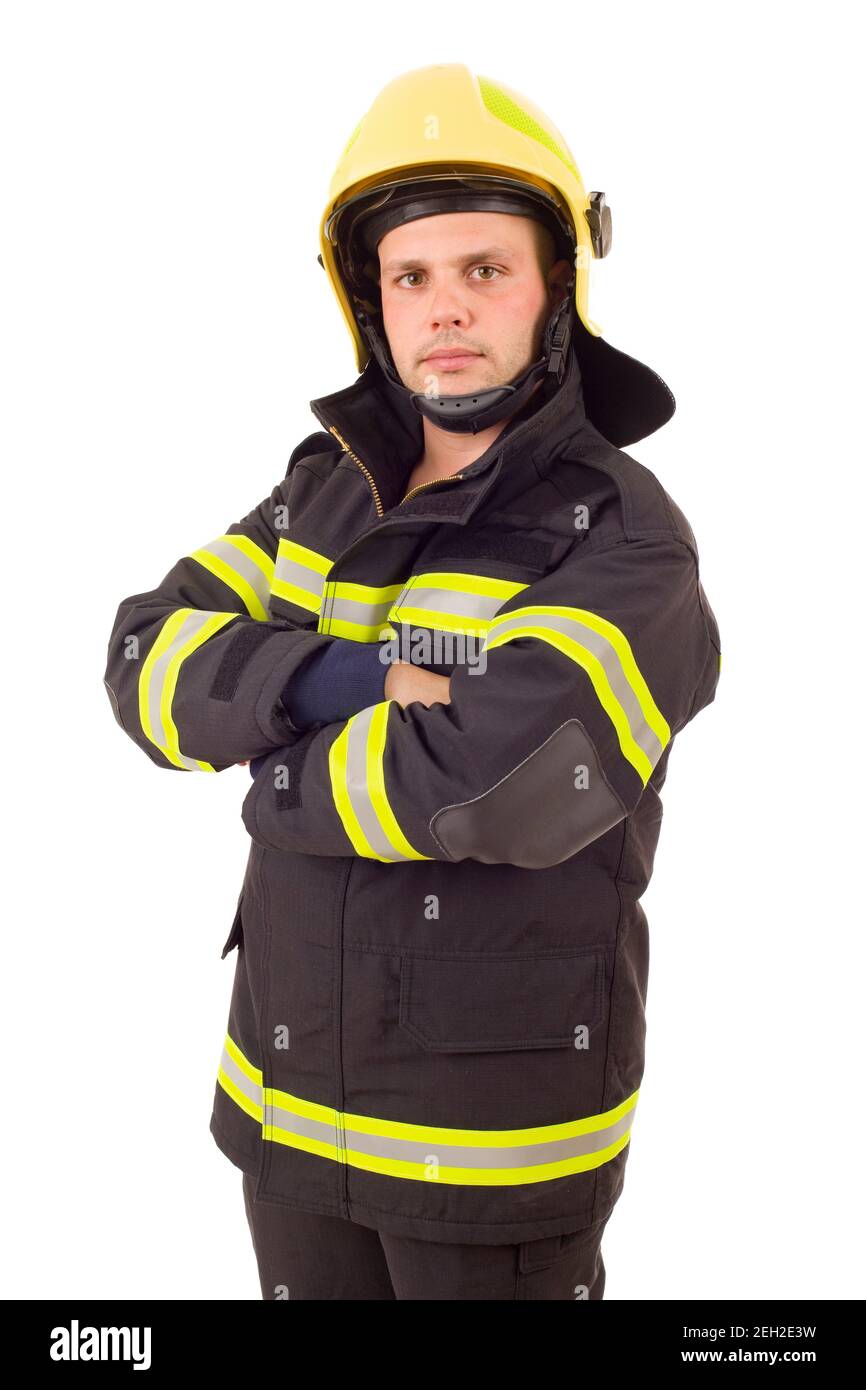 young firefighter isolated on white background Stock Photo - Alamy