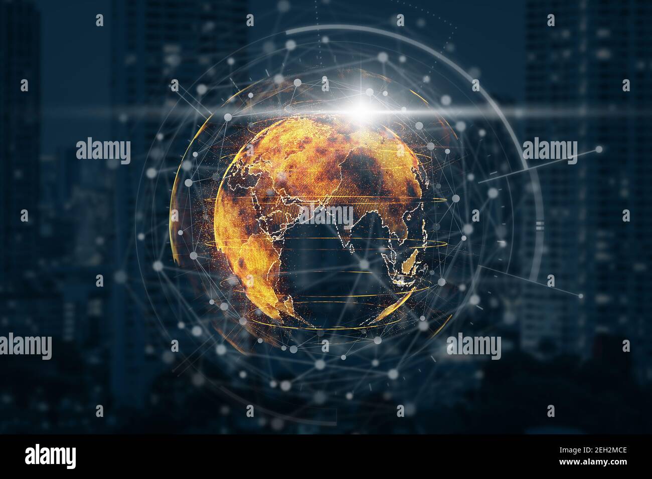 particle earth with technology network circle over the photo blurred of ...
