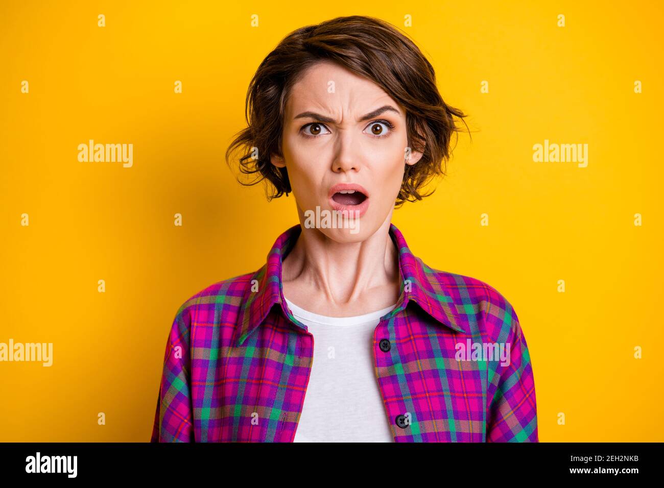 Portrait of irritated shocked young pretty woman negative bad news ...
