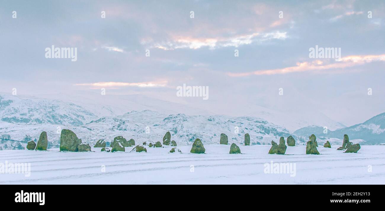 Castlerigg Stone Circle on a winter dawn in snow Stock Photo - Alamy