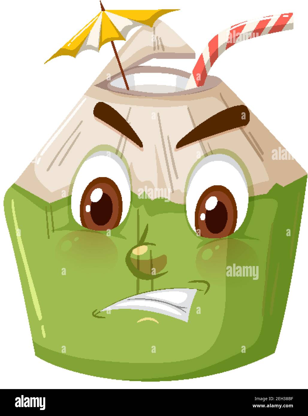 Cute coconut cartoon character with angry face expression on white ...