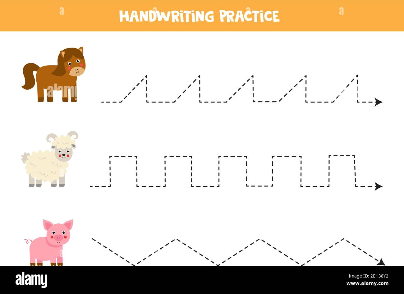 Tracing lines for kids with cute horse, sheep, pig. Handwriting ...