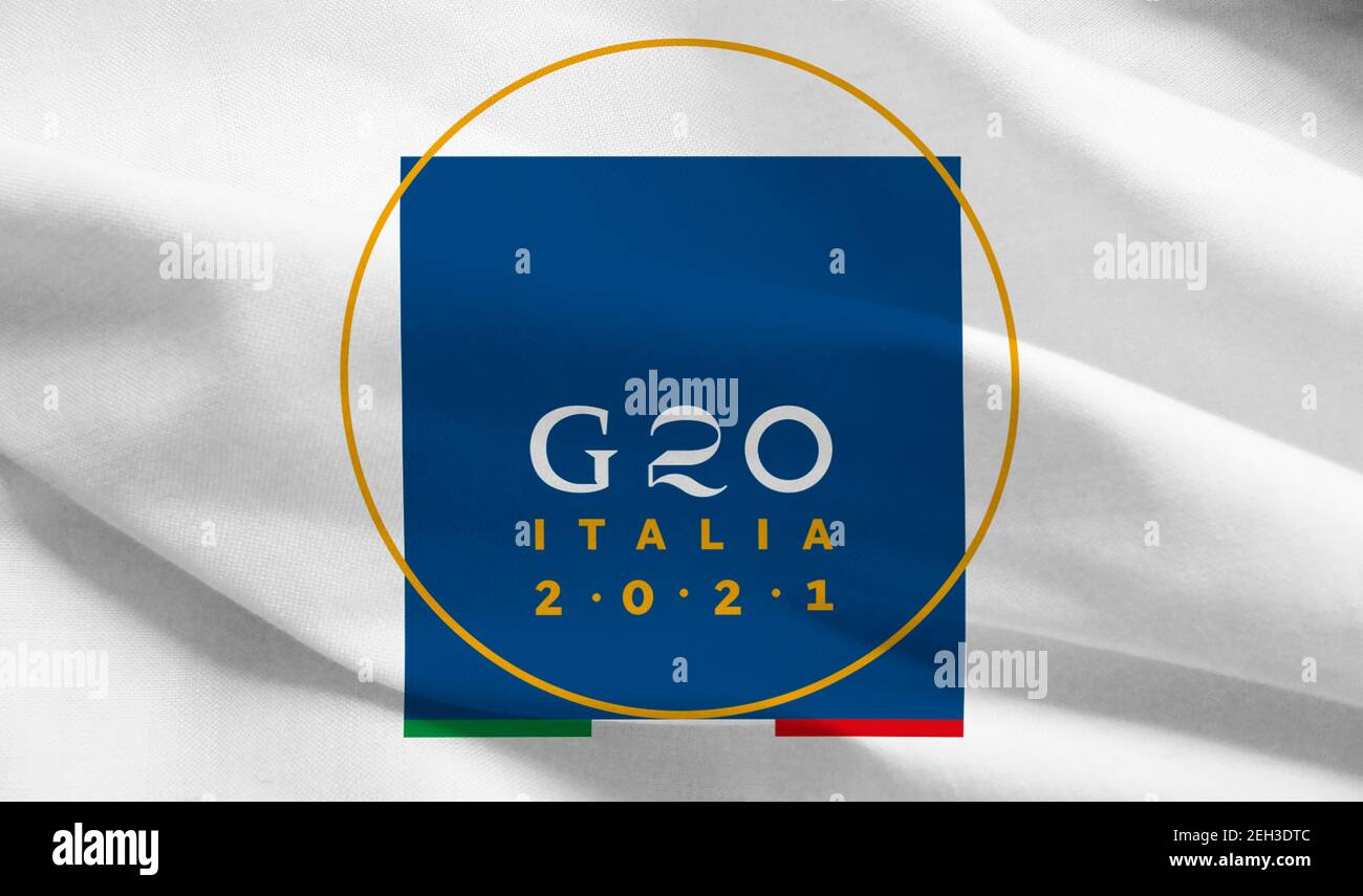 Rome, Italy, year 2021 - G20 summit logo on the italian flag ...