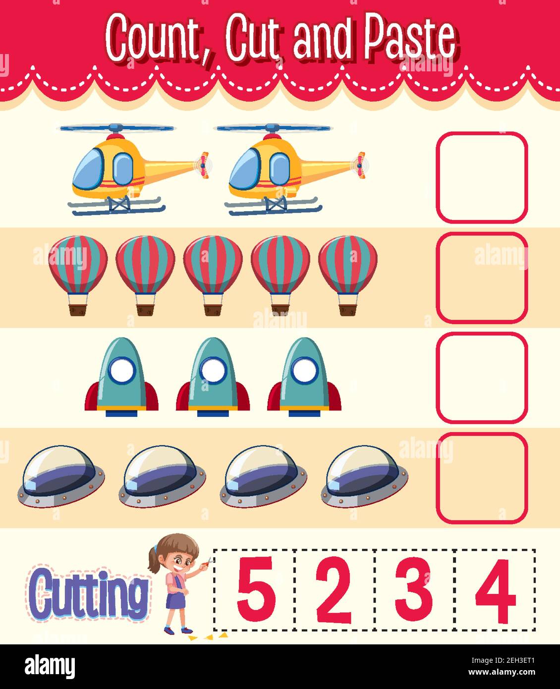 Count, Cut and Paste maths worksheet for children illustration Stock ...