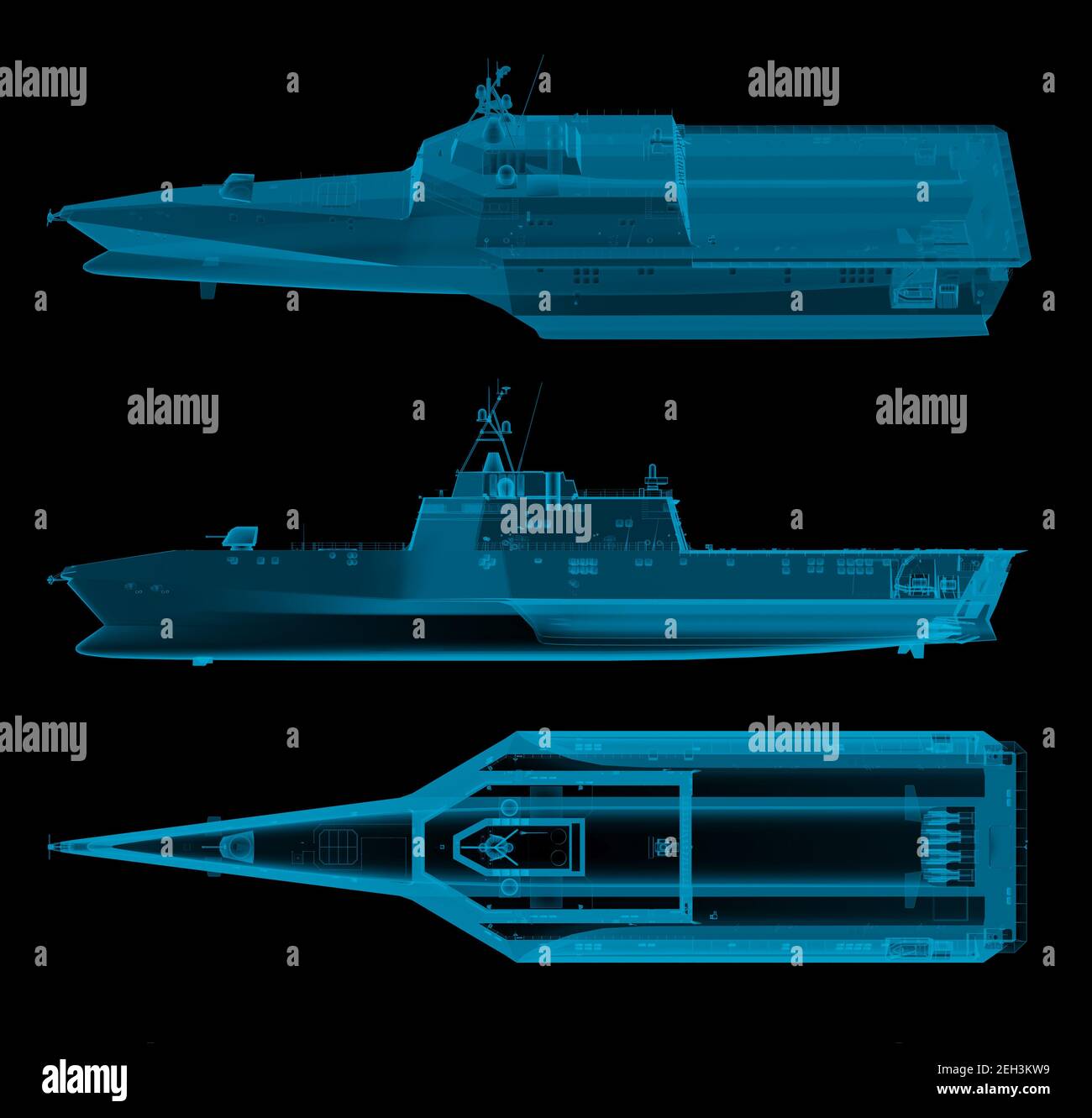 warship side view and top view isolated on white. 3d rendering Stock ...