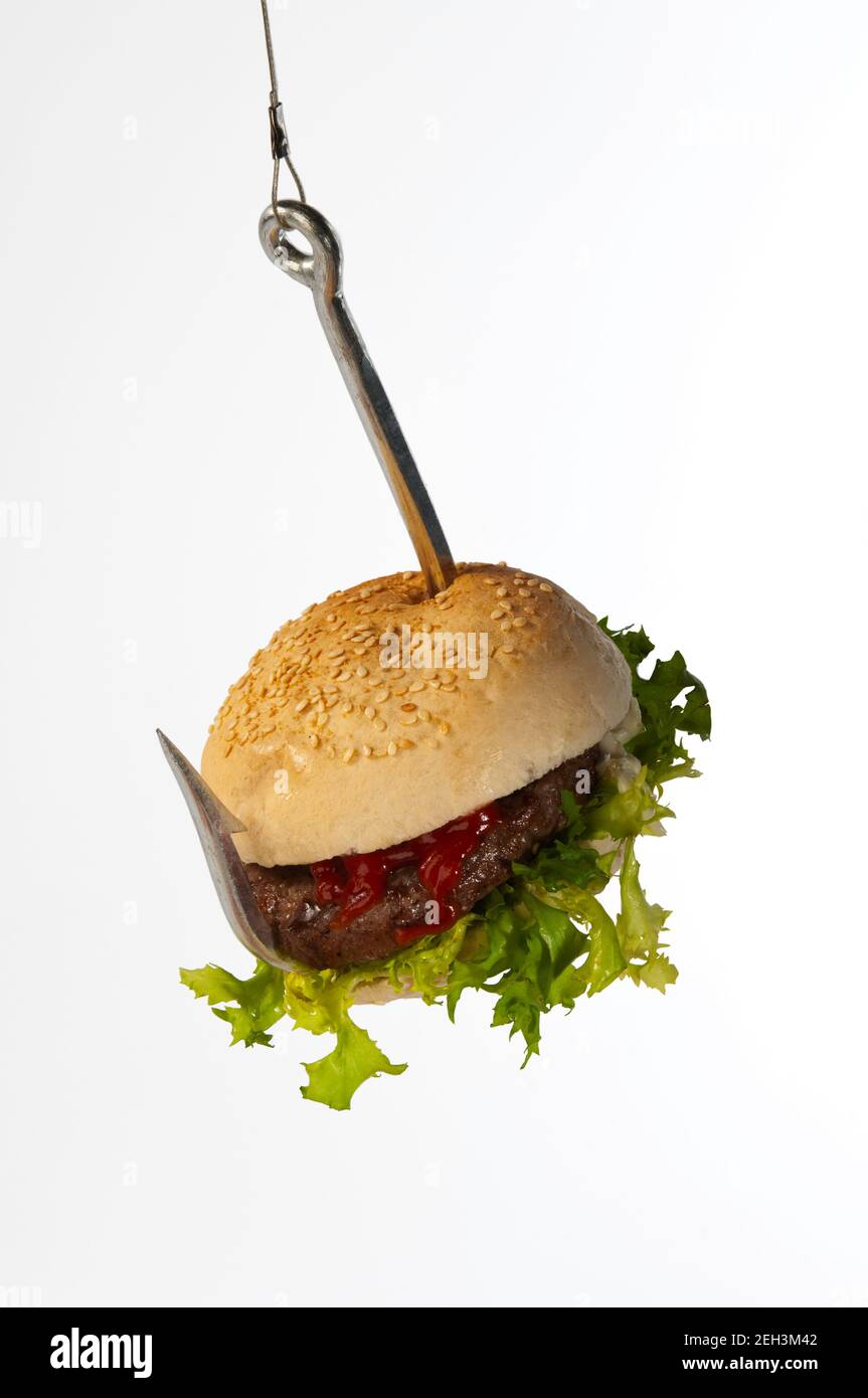 Large fish hook baited with a hamburger Stock Photo - Alamy
