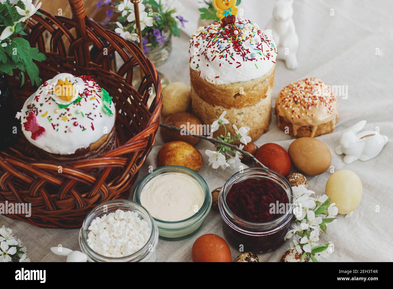 Traditional Easter food for blessing, homemade Easter bread, stylish ...