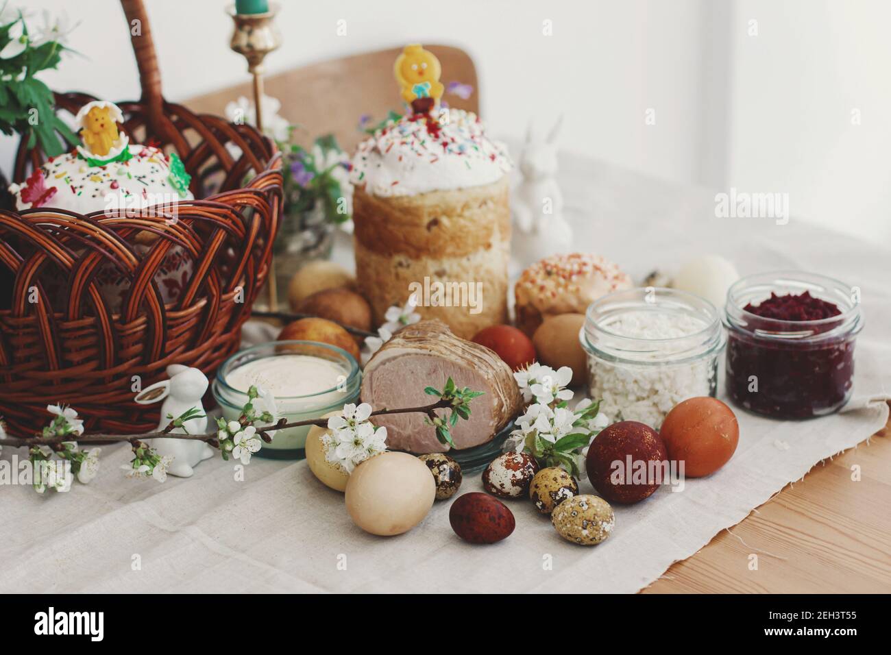 Traditional Easter food for blessing, homemade Easter bread, stylish ...