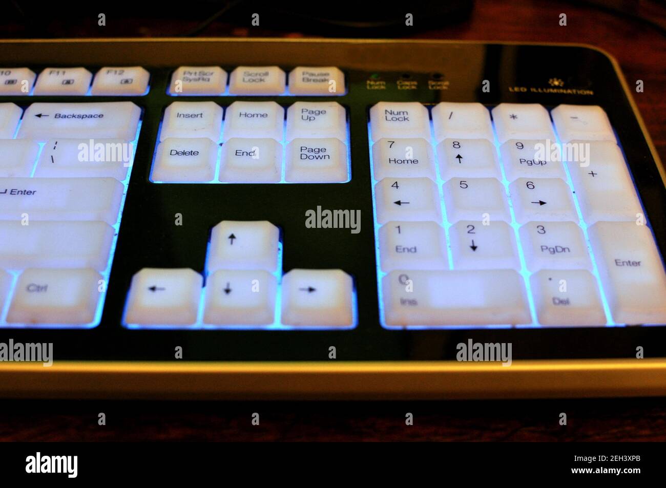Top side view of an illuminated keyboard with black letters on white ...