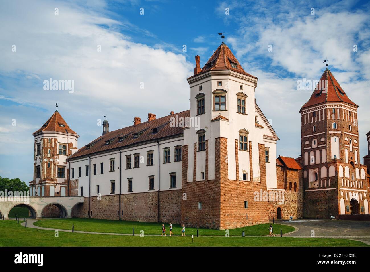 Mir, Belarus - August 04, 2017: Towers and fortress wall of ancient ...