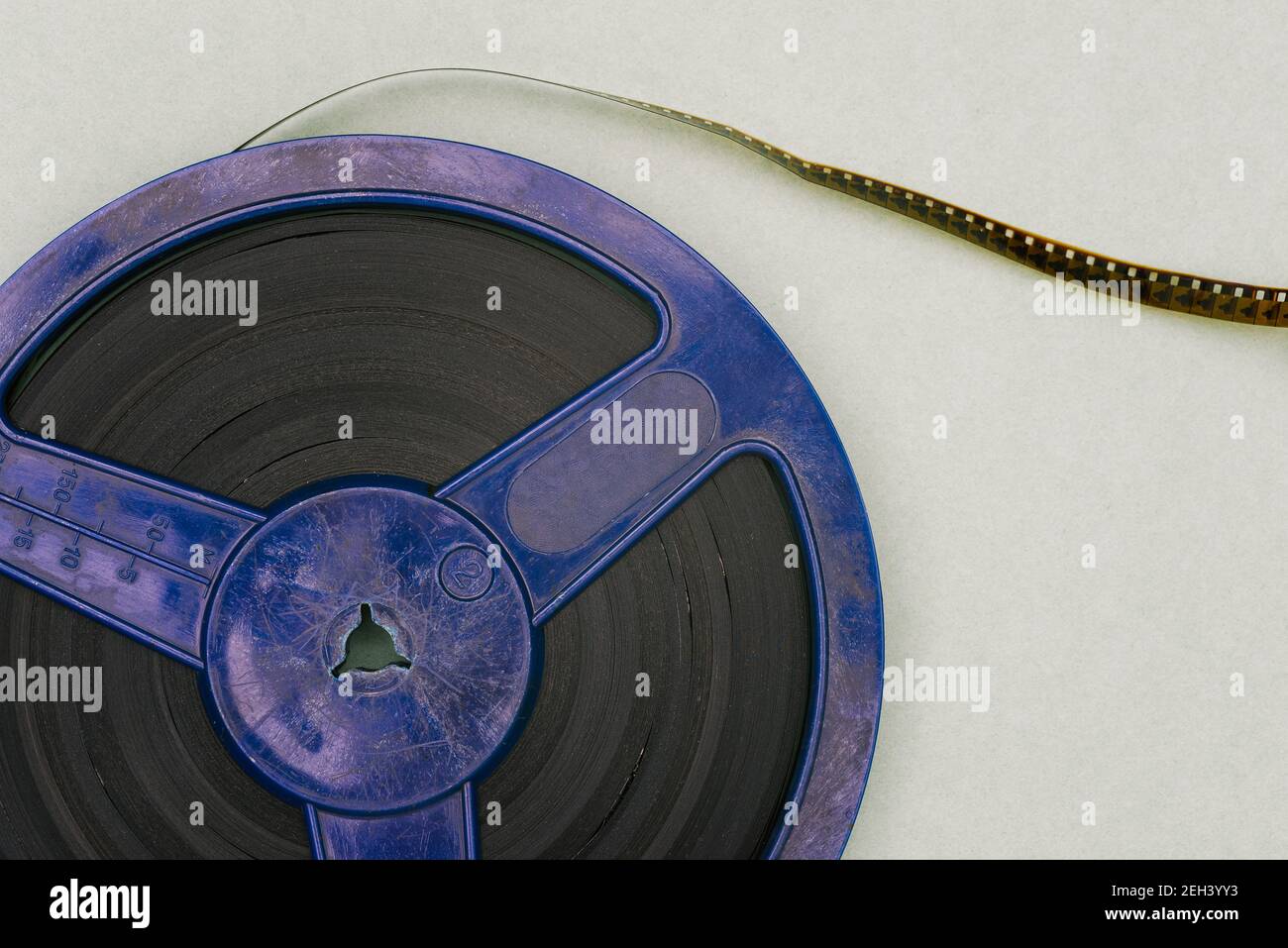 Blue film reel. Recording a film on an old tape. Cinematography and ...