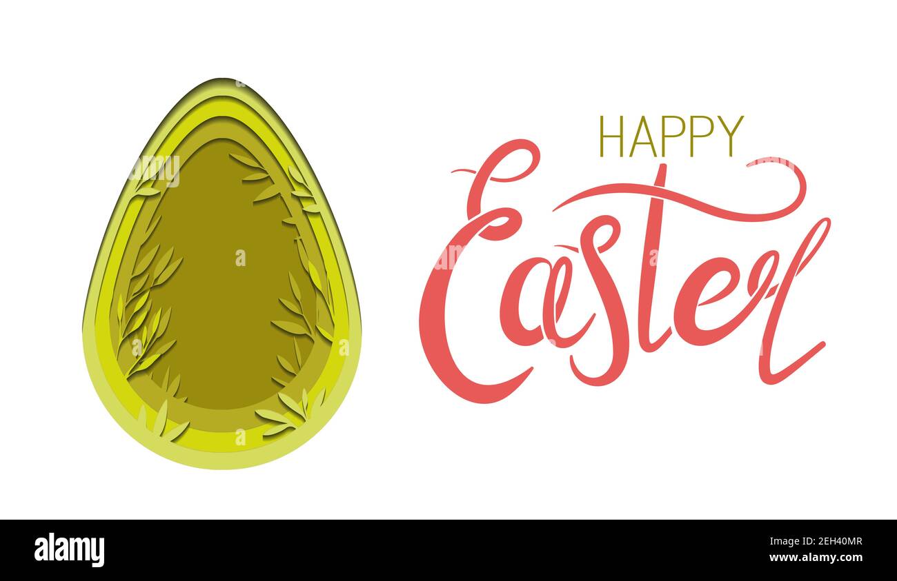 Vertical card. Happy Easter. Paper cut festive Easter egg with foliage ...
