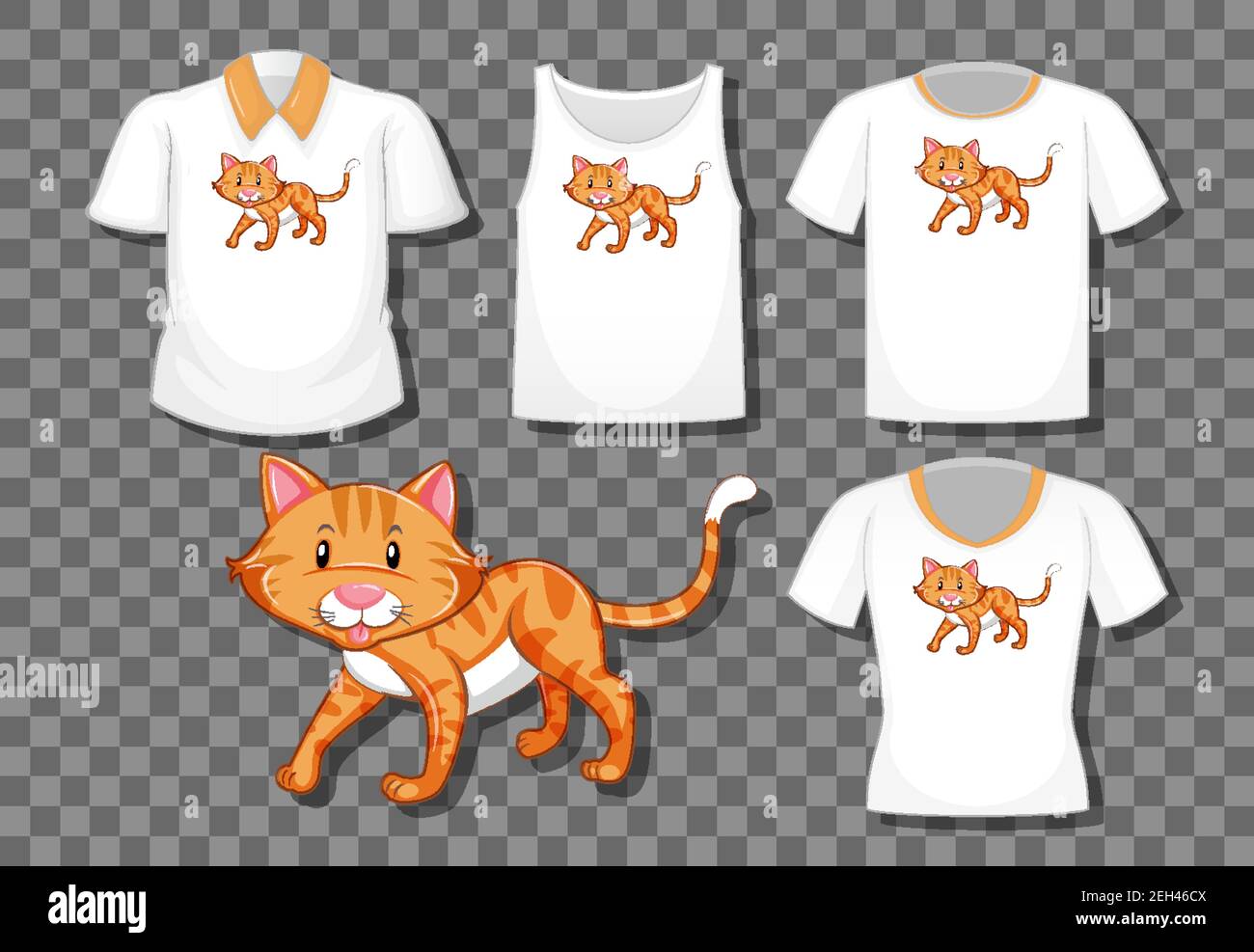 Cat cartoon character with set of different shirts isolated on ...