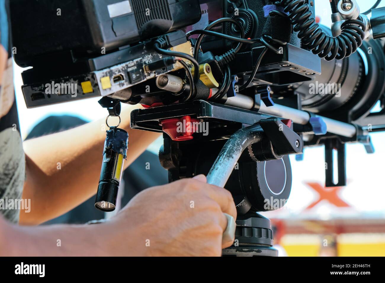 Film industry. Filming with professional camera background Stock Photo ...