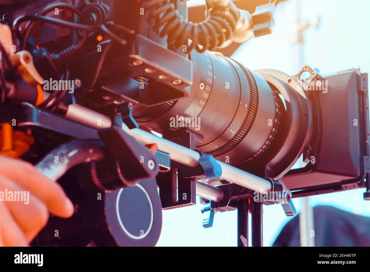 Film industry. Filming with professional camera background Stock Photo ...