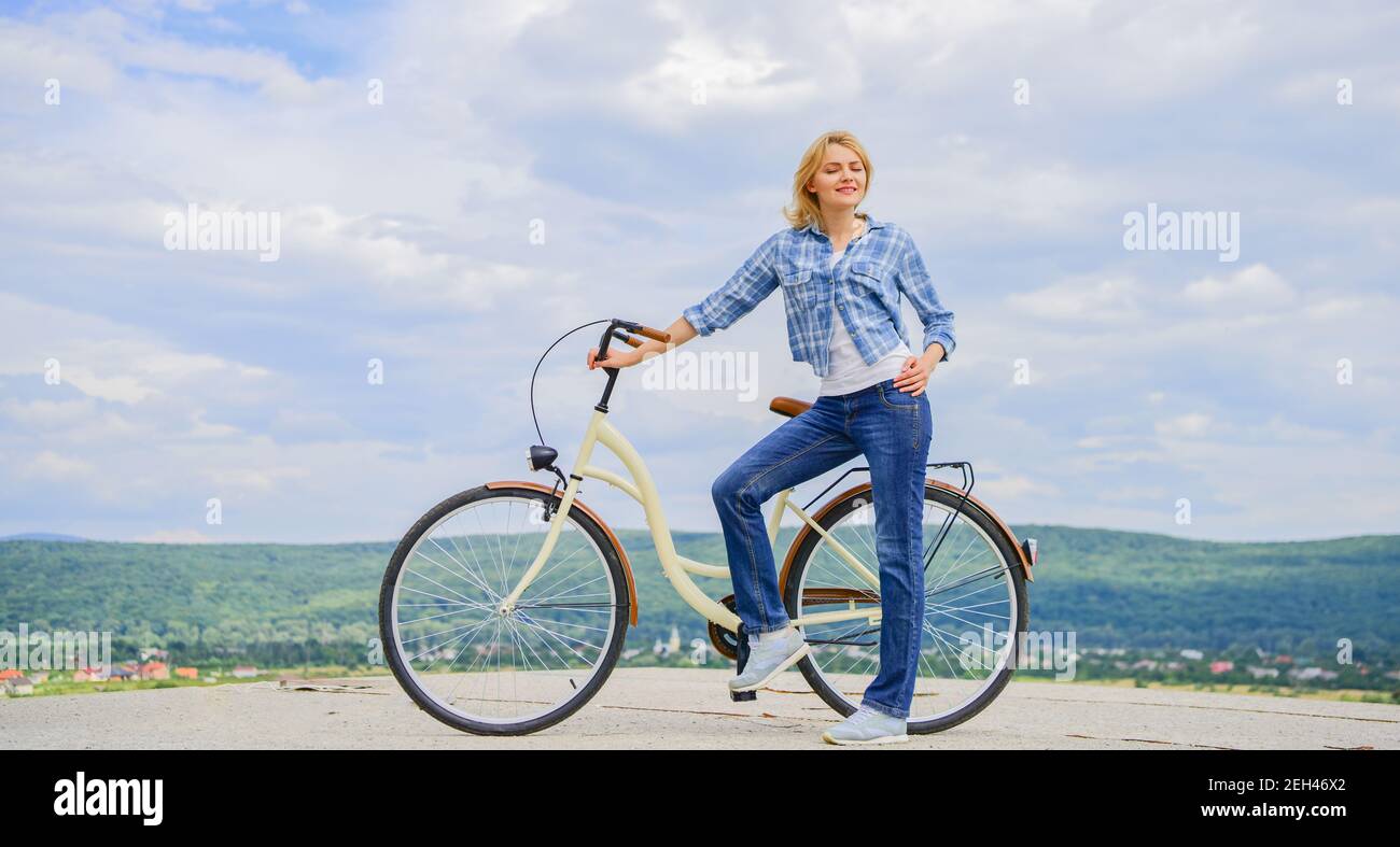 Benefits of cycling every day. Girl ride cruiser bicycle. Health ...