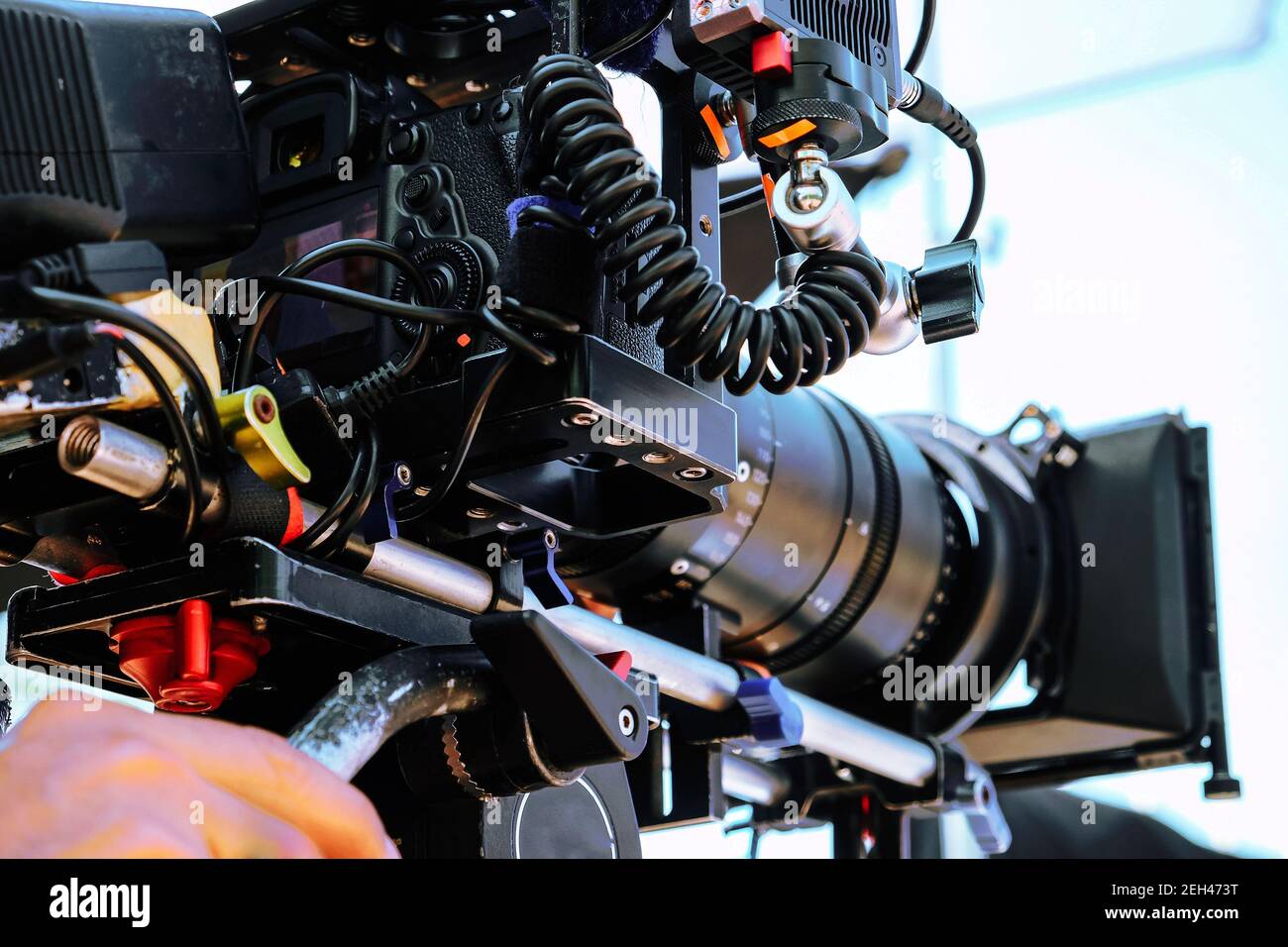 Film industry. Filming with professional camera background Stock Photo ...