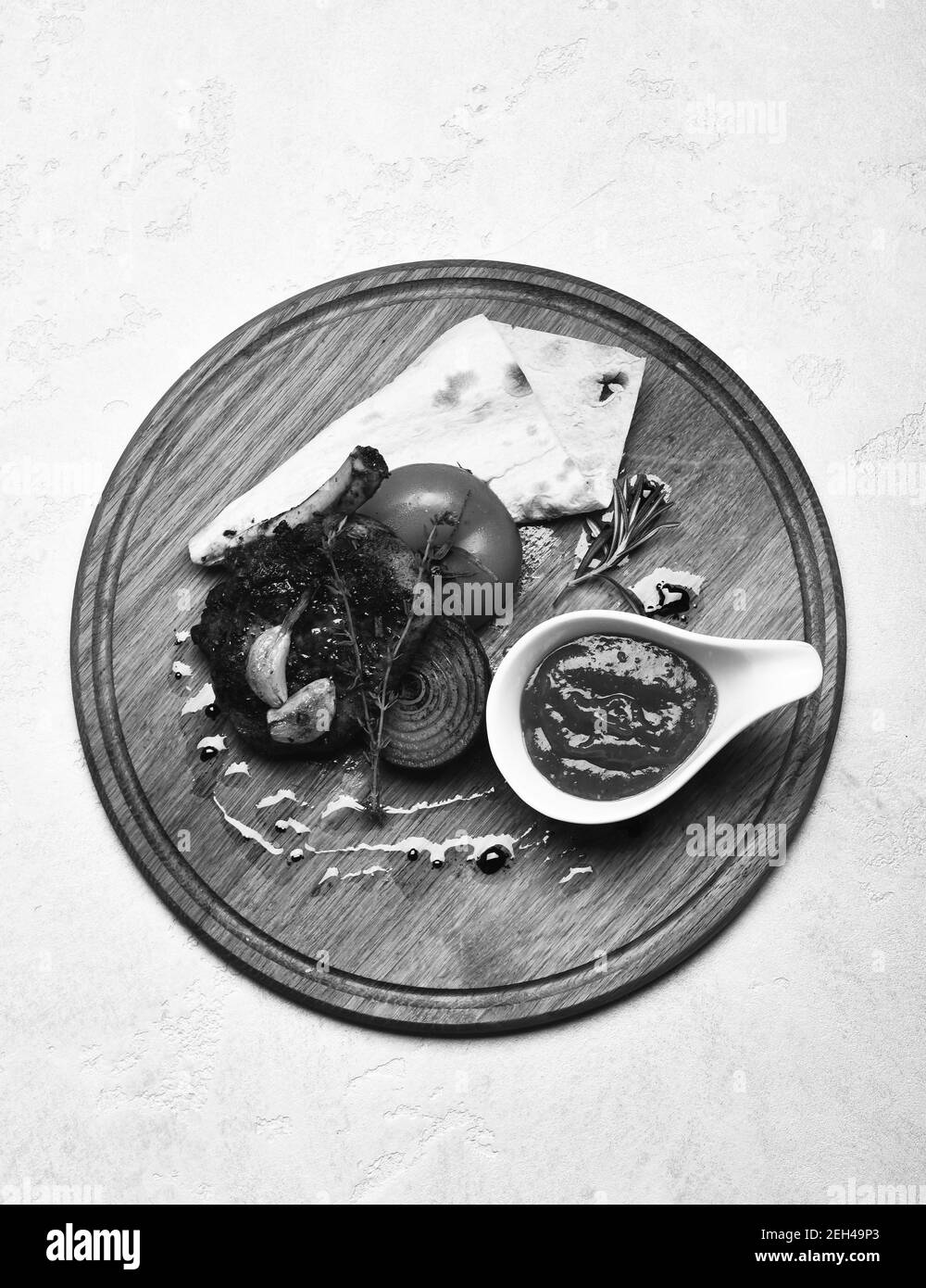 Bbq meat on wooden Black and White Stock Photos & Images - Alamy
