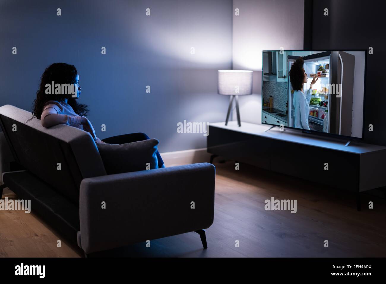 Smart Led TV In Living Room At Night Stock Photo - Alamy