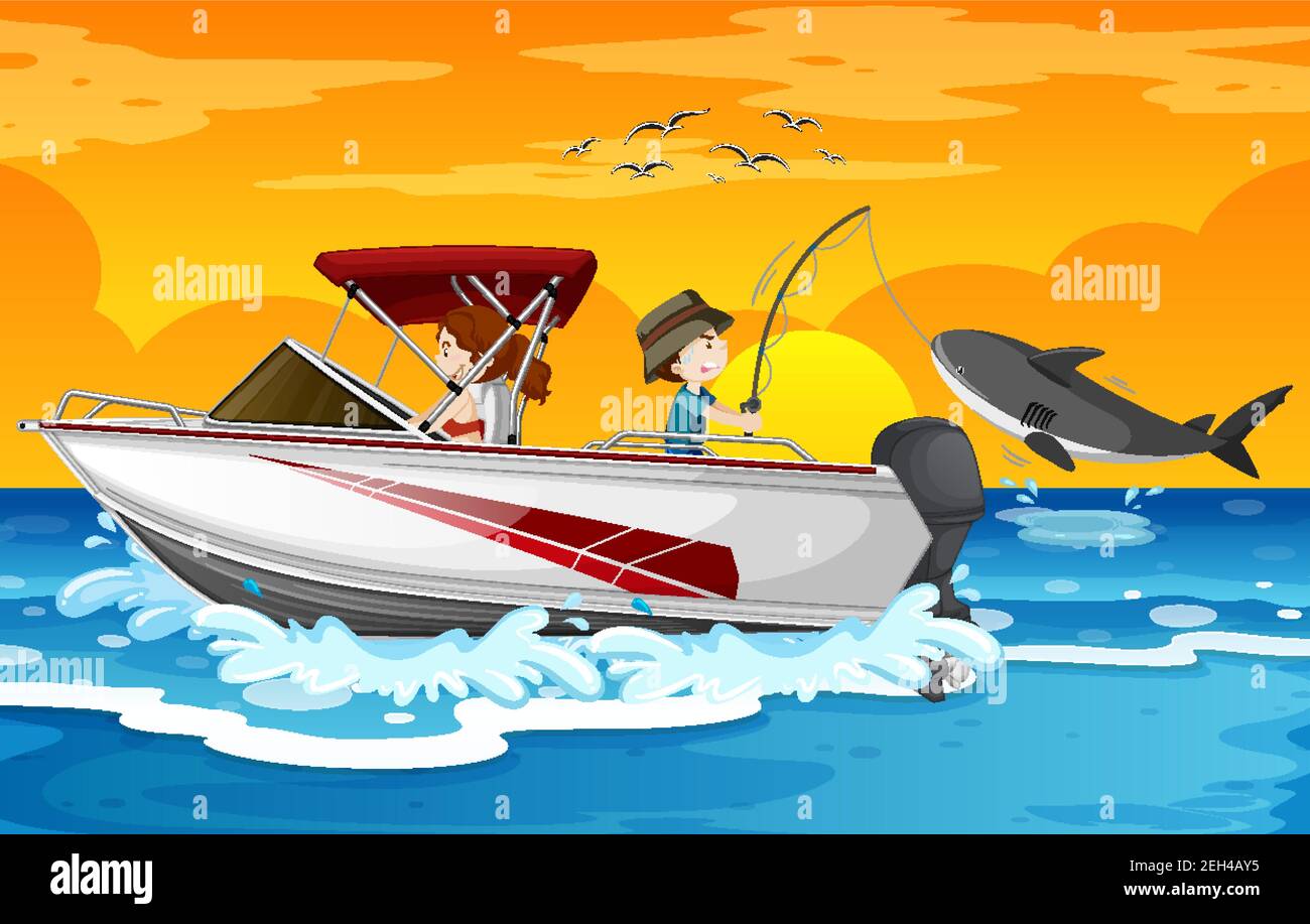 Beach at sunset scene with children on a speed boat illustration Stock ...