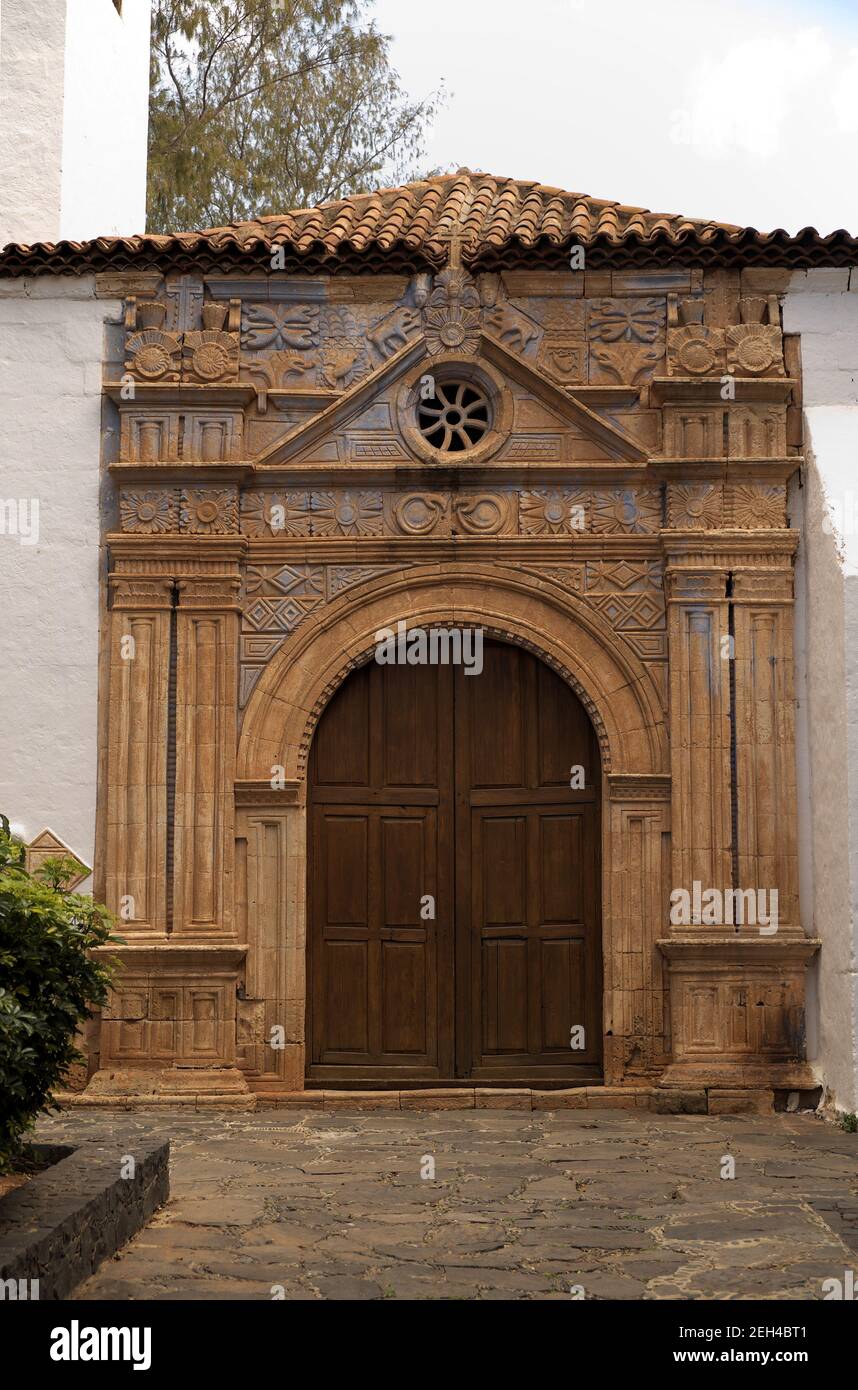 Church facade with Aztec carvings, Pajara, Fuerteventura, Canary ...