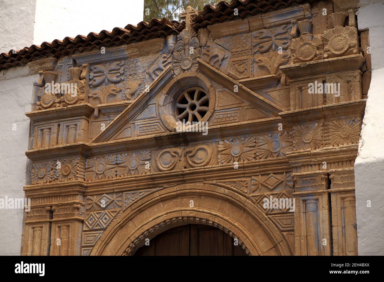 Church facade with Aztec carvings, Pajara, Fuerteventura, Canary ...