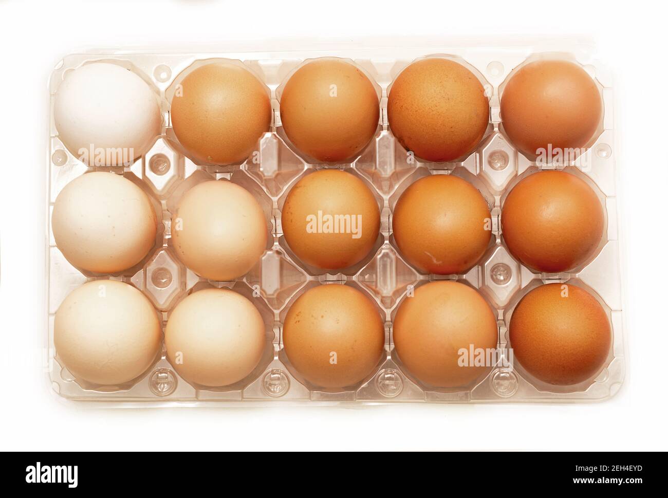 Top view of plastic tray container with eggs with shell color arranged ...