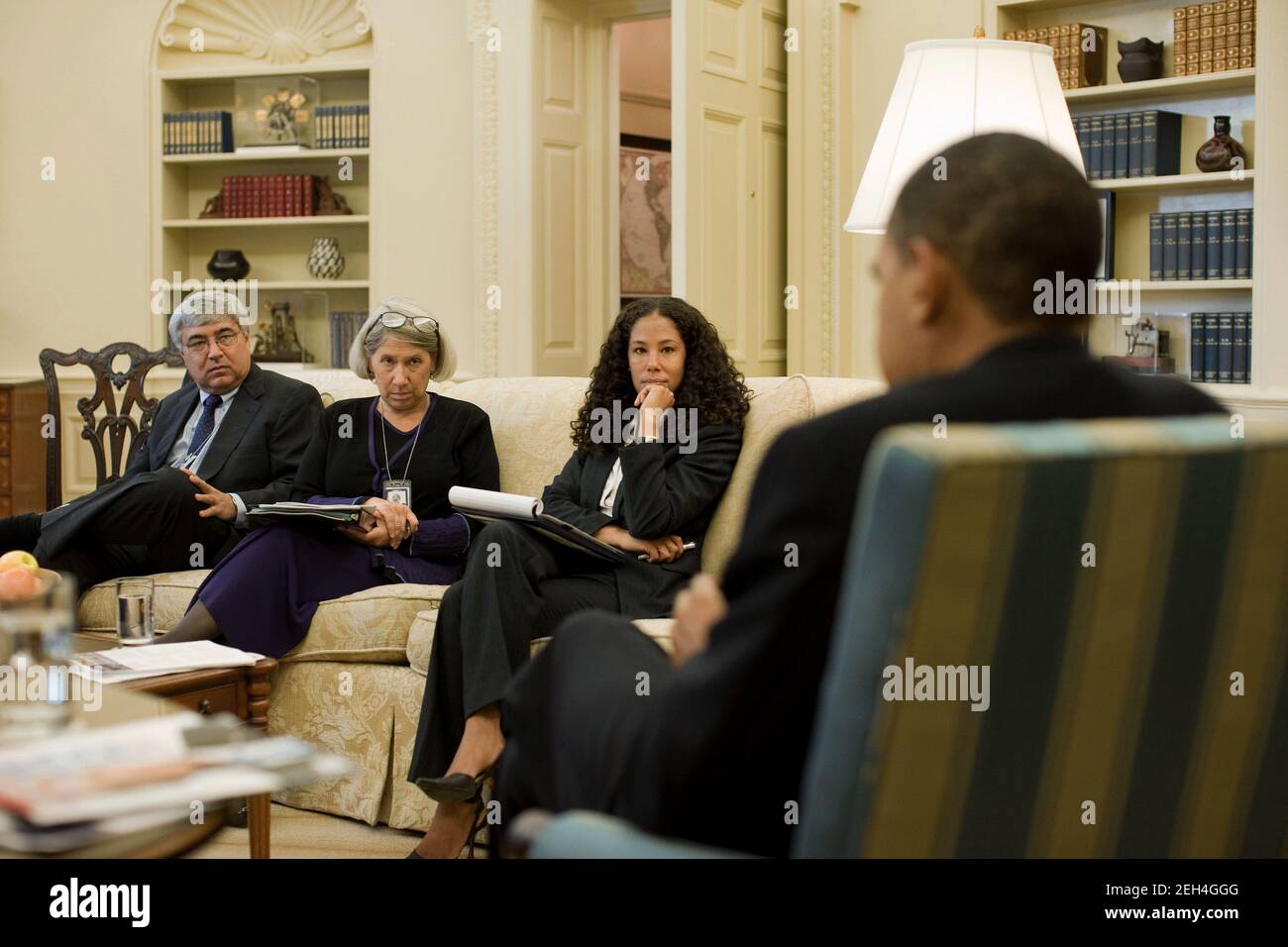 President Barack Obama meets with, from left, Senior Advisor Pete Rouse ...